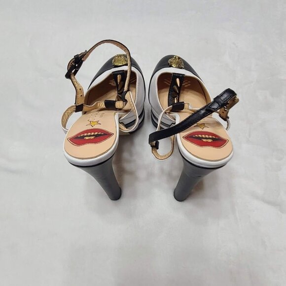 Gucci | Shoes | Gucci Navy Blue White Leather Angel Feline Head Tstrap ...